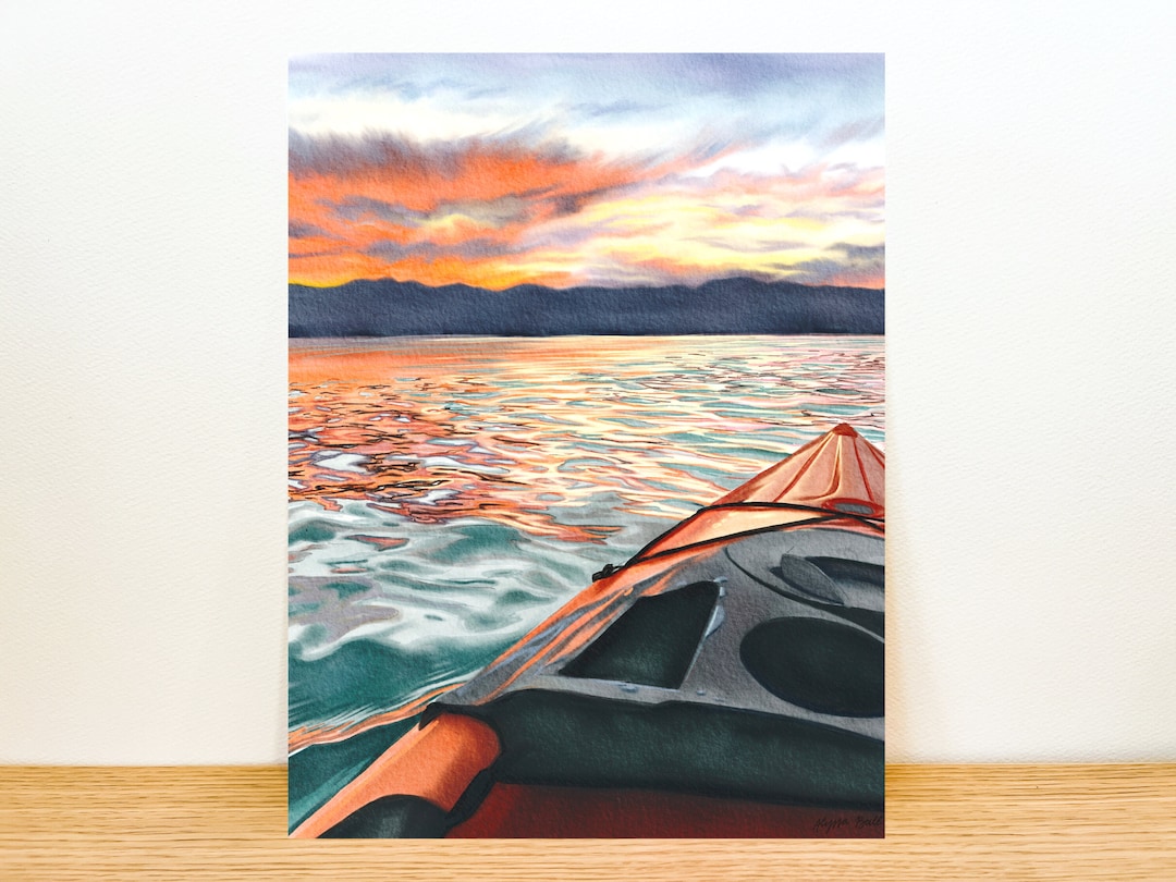 Sunset Kayak Lake Watercolor Art Print Lake Watercolor - Etsy