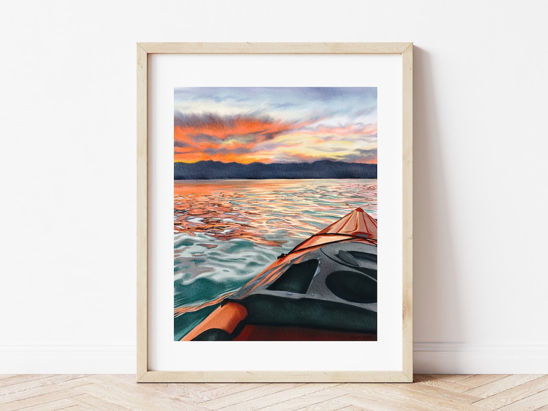 Sunset Kayak Lake Watercolor Art Print, Lake Watercolor Painting, Kayak ...