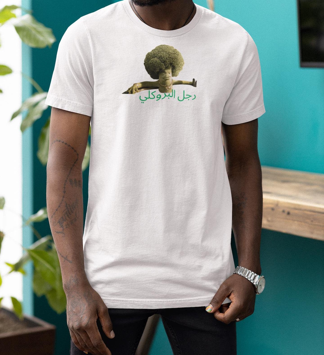 Funny Gangster Broccoli Meme T-shirt With Arabic Text Light Blue, White ...