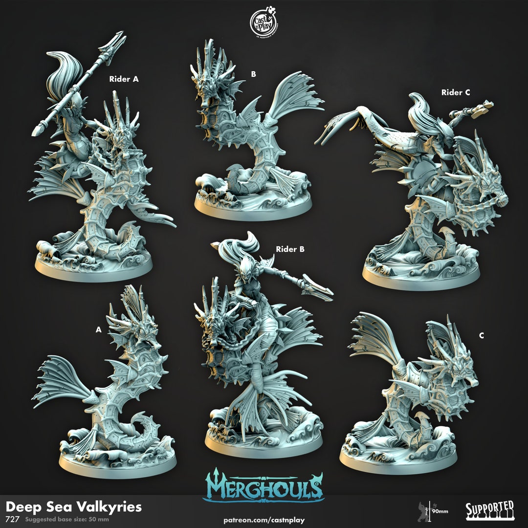 Mermaid and Seahorse Deep Sea Valkyries Cast N Play D&D RPG Miniatures ...