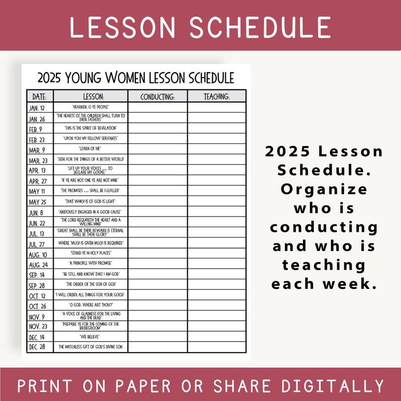 Young Women's Lesson Schedule, LDS Young Women 2025 Lessons, Young Women's Doctrine and ...