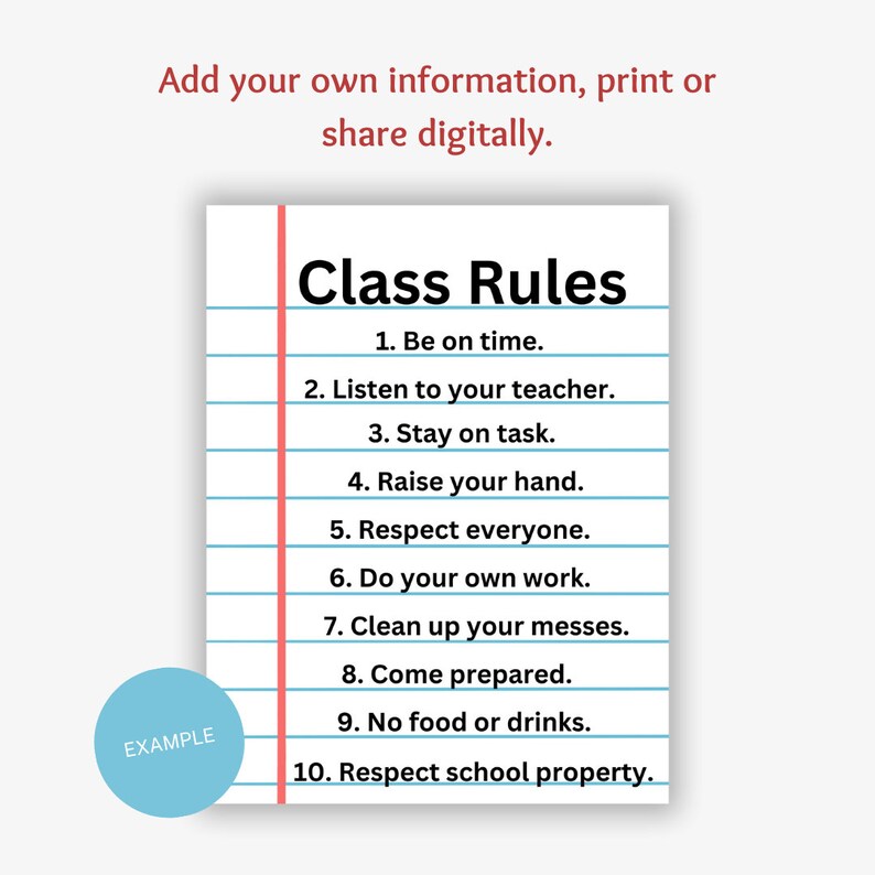 Class Rules Template, Editable Class Rules, Custom Class Rules Poster ...