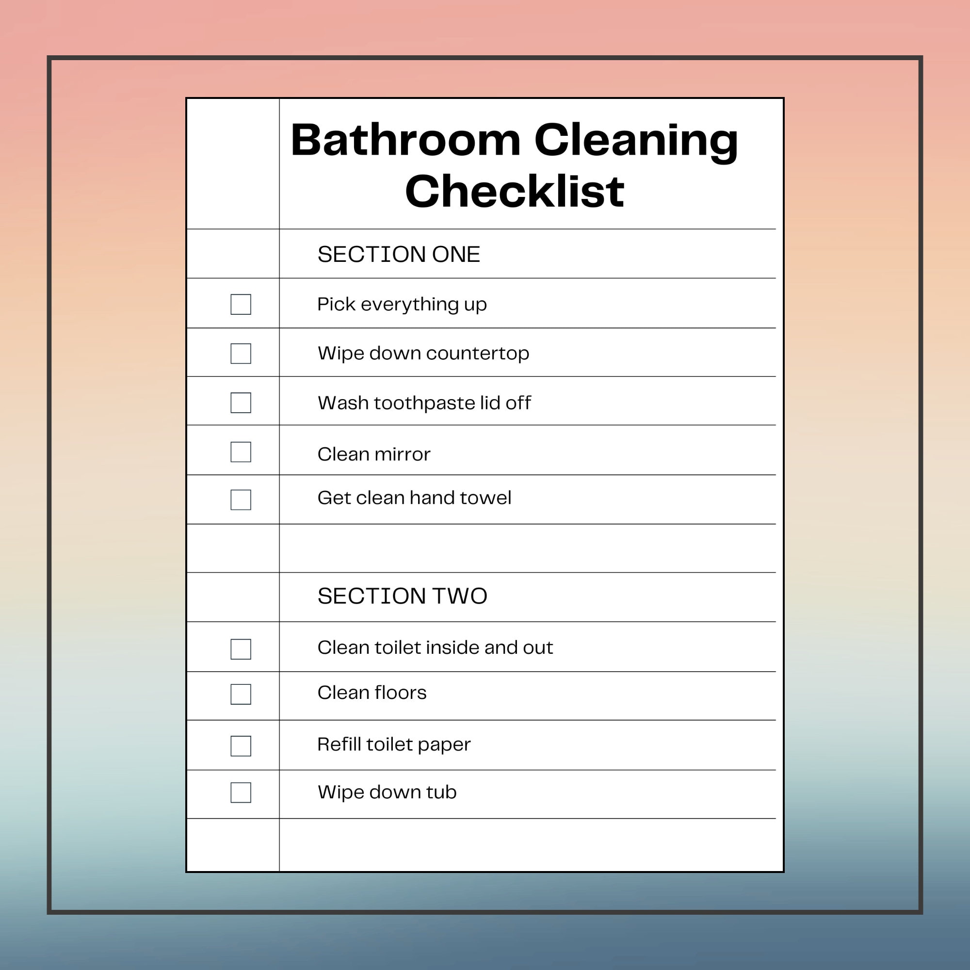 Simple Bathroom Cleaning Checklist, Chore List, Bathroom Cleaning Chart ...