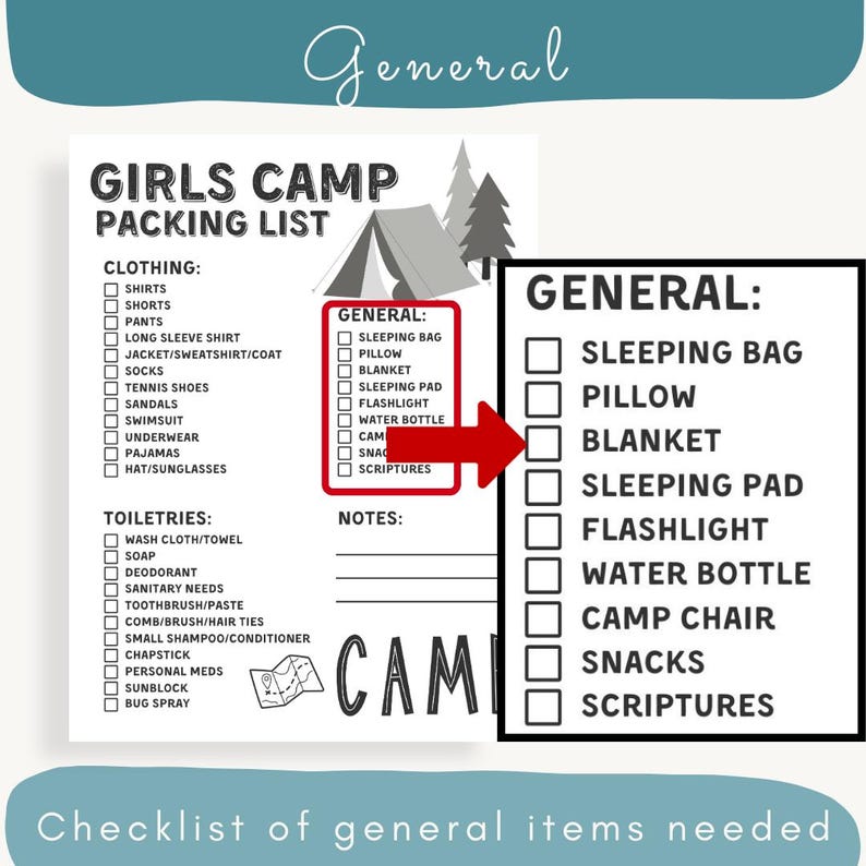Girls Camp Checklist, Girls Camp Packing List, LDS Girls Camp Printable ...