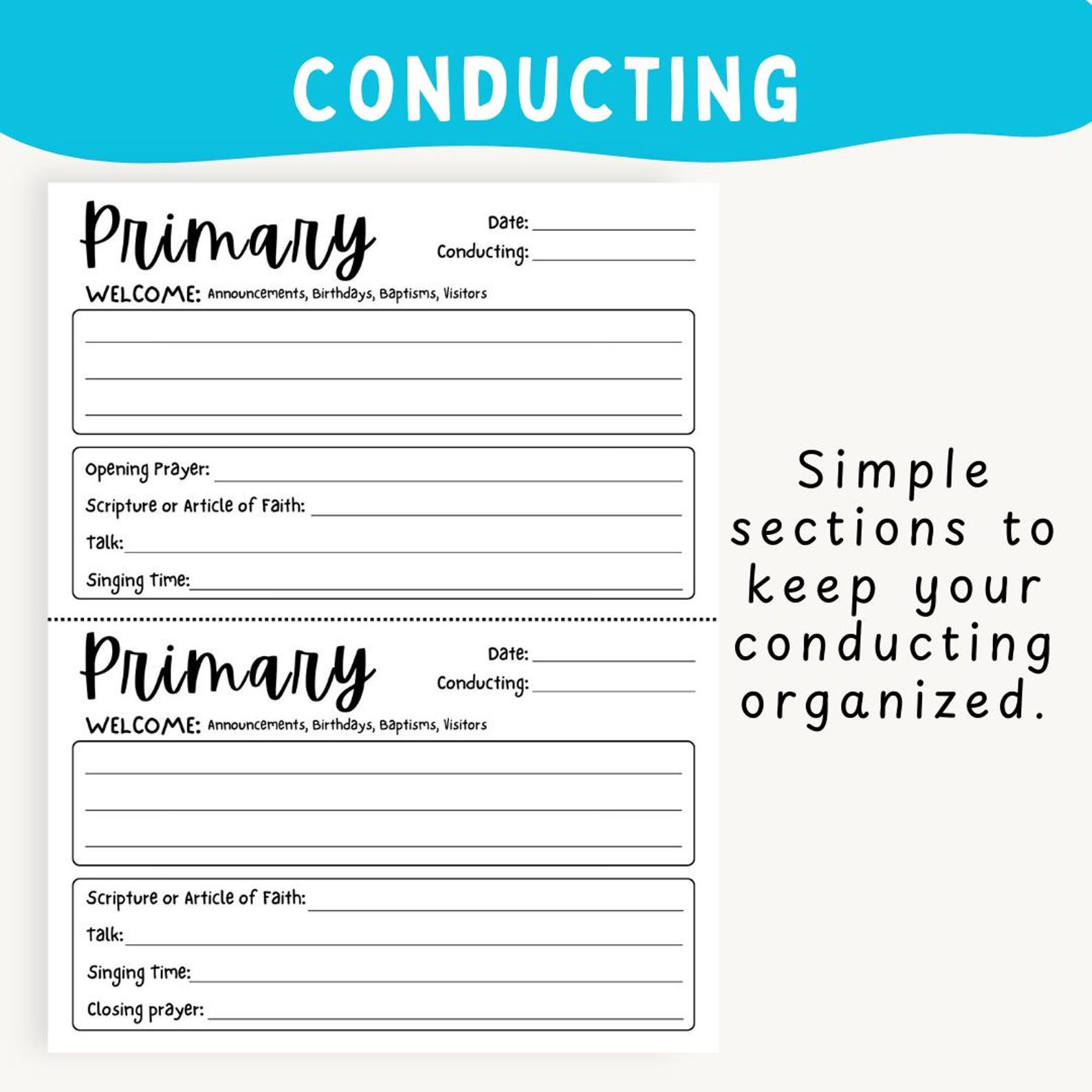 Primary Conducting Outline, Primary Presidency Conducting Sheet, LDS ...