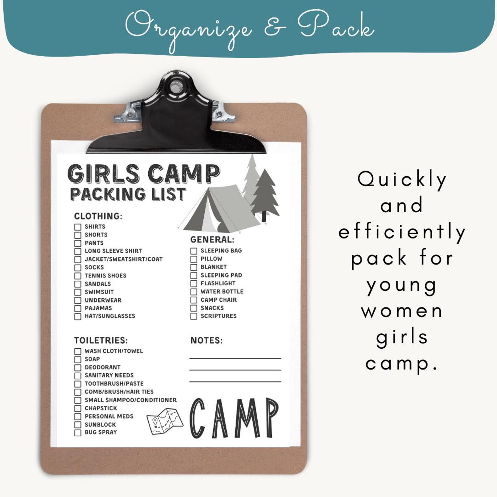 Girls Camp Checklist, Girls Camp Packing List, LDS Girls Camp Printable ...
