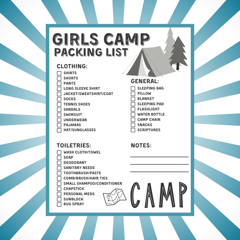 Girls Camp Checklist, Girls Camp Packing List, LDS Girls Camp Printable ...