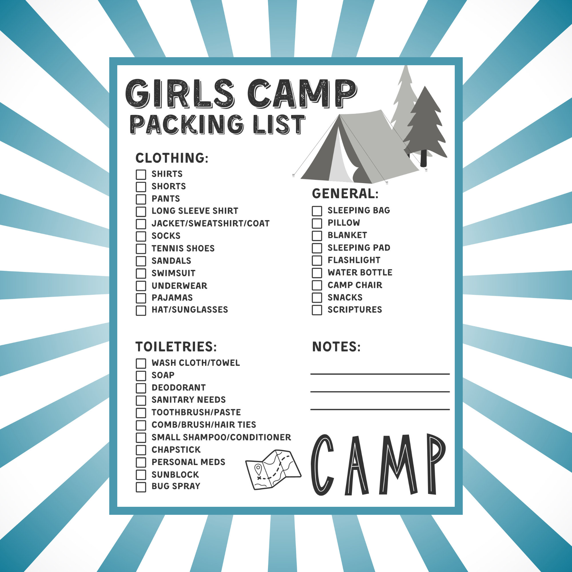 Girls Camp Checklist, Girls Camp Packing List, LDS Girls Camp Printable ...