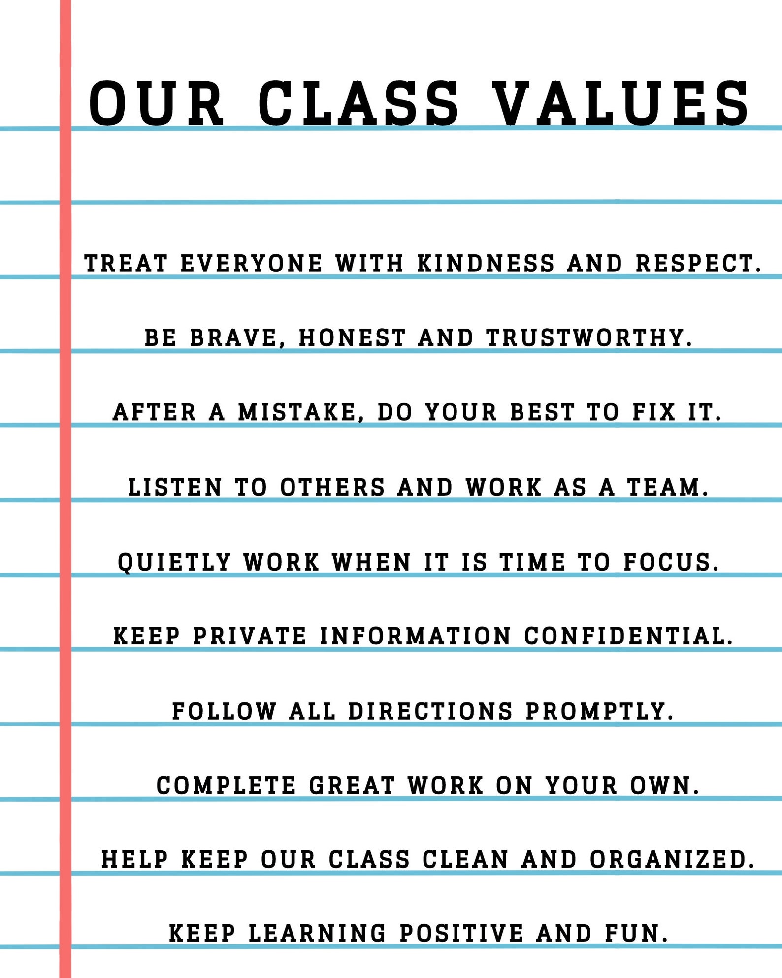 Class Rules Download, Classroom Values Printable, Middle School Class ...