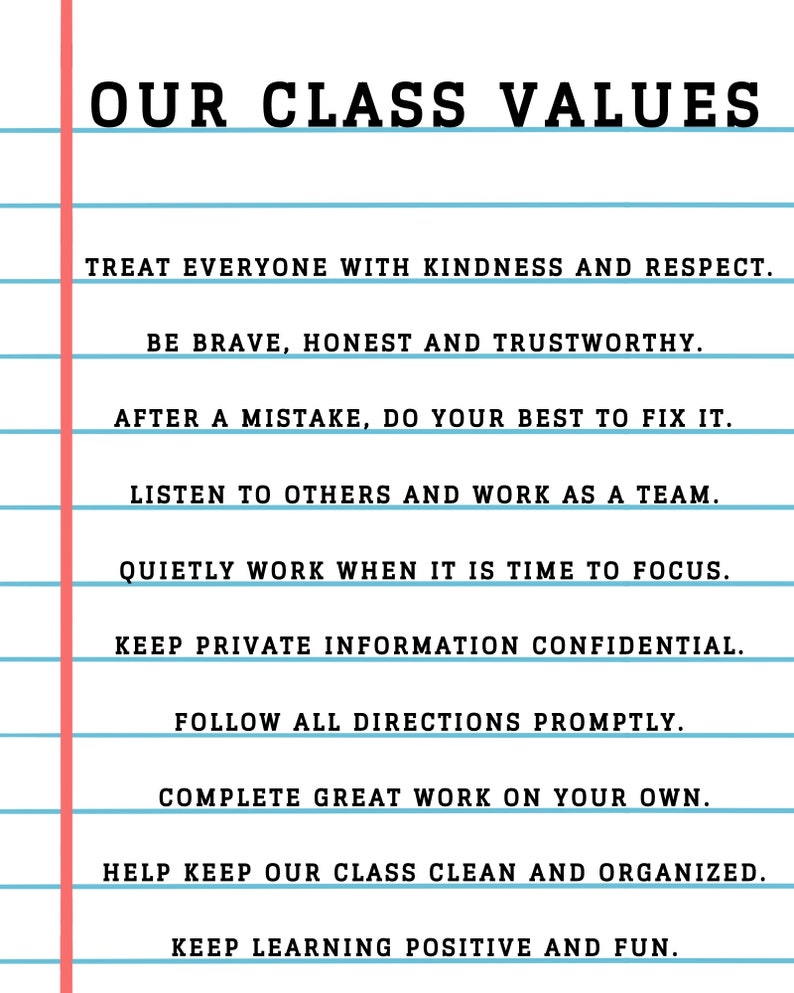 Class Rules Download, Classroom Values Printable, Middle School Class ...