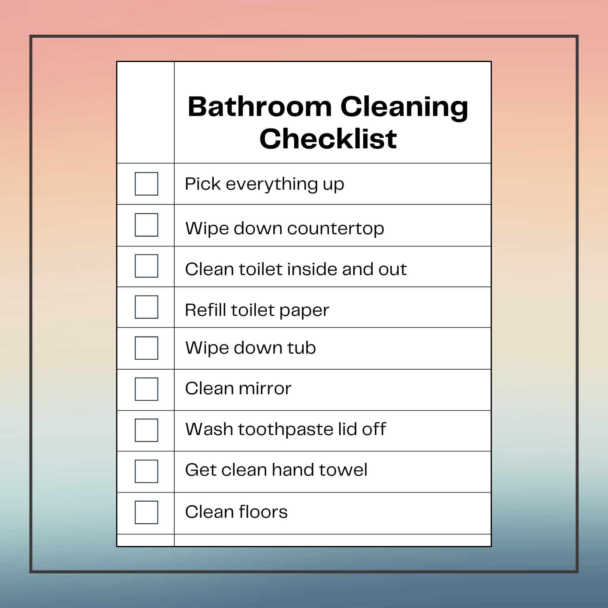 Simple Bathroom Cleaning Checklist, Chore List, Bathroom Cleaning Chart ...