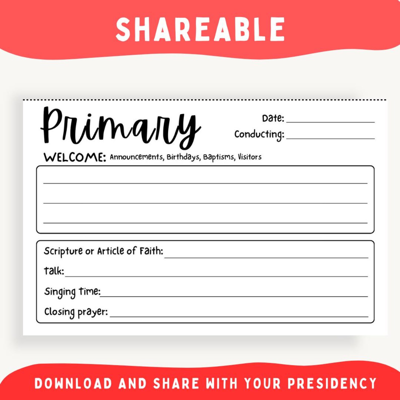 Primary Conducting Outline, Blank Primary Conducting Sheet, LDS Primary ...