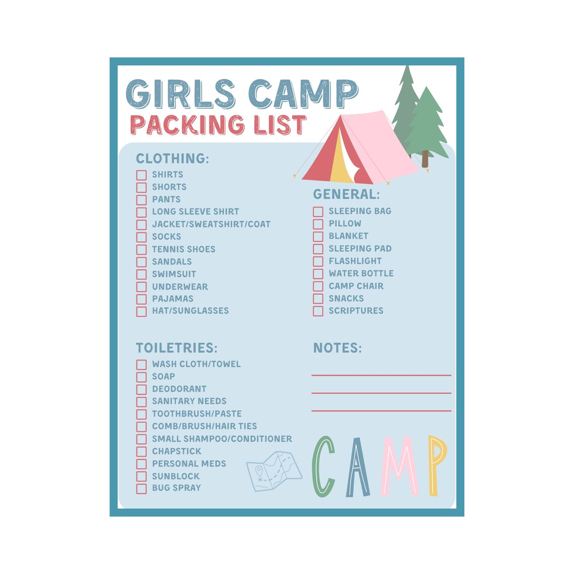 Girls Camp Packing List, LDS Girls Camp Printable, Young Womens Camp ...