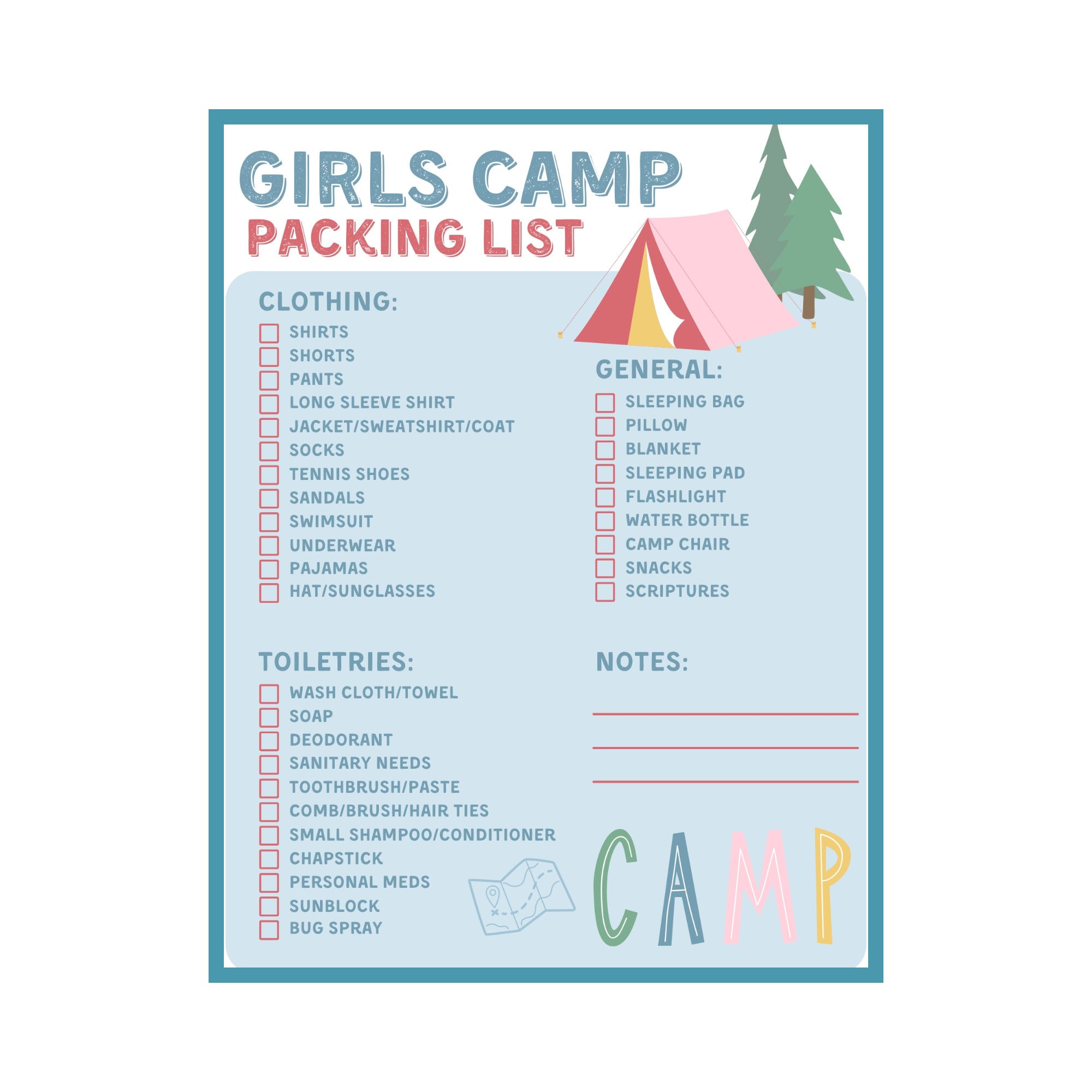 Girls Camp Packing List, LDS Girls Camp Printable, Young Womens Camp ...