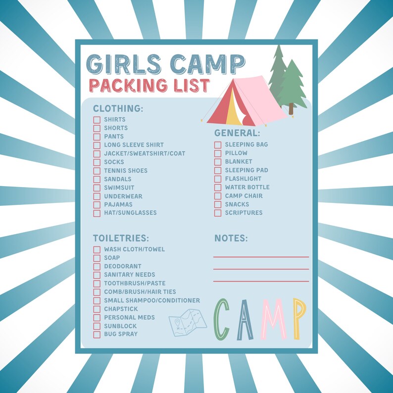 Girls Camp Packing List, LDS Girls Camp Printable, Young Womens Camp ...
