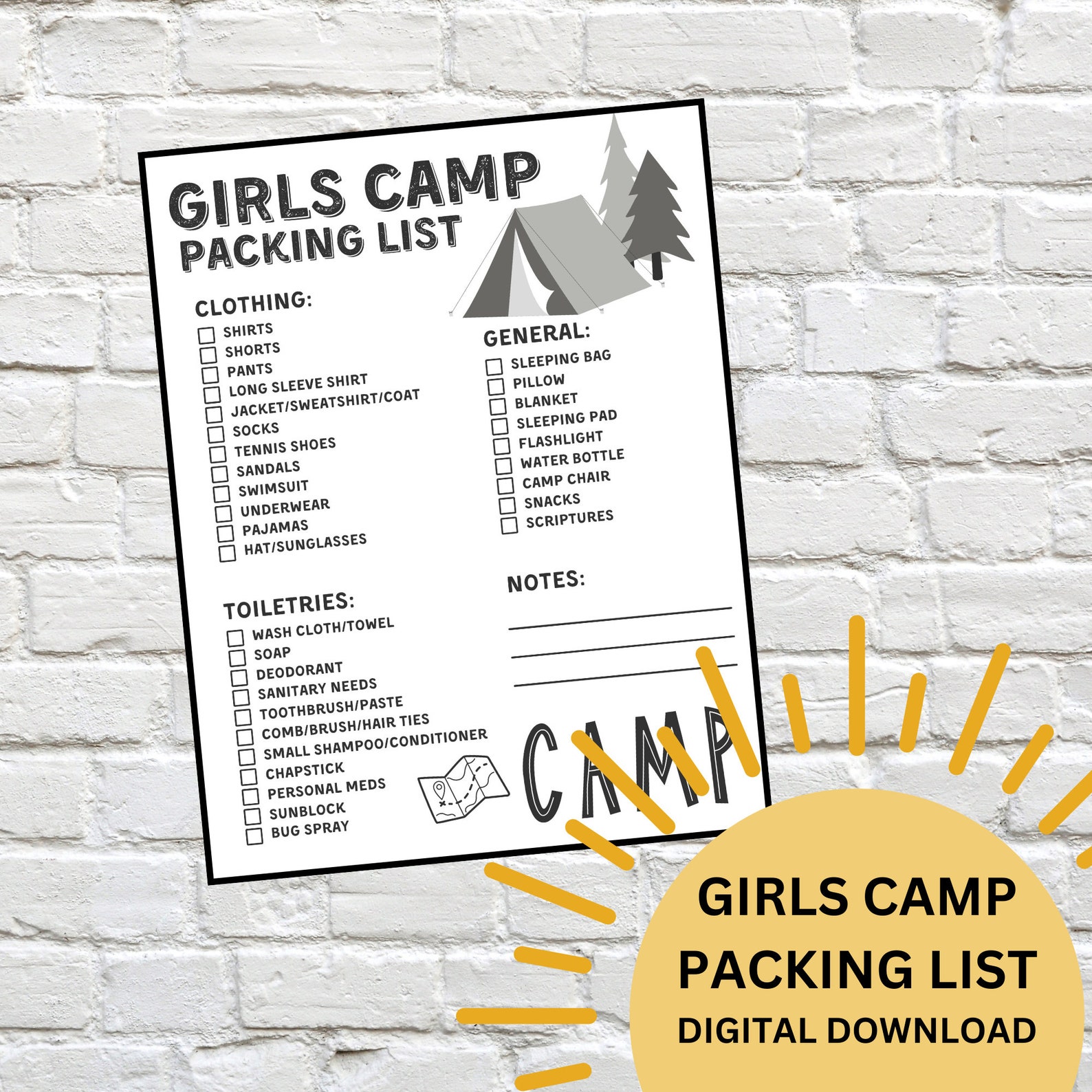 Girls Camp Checklist, Girls Camp Packing List, LDS Girls Camp Printable ...