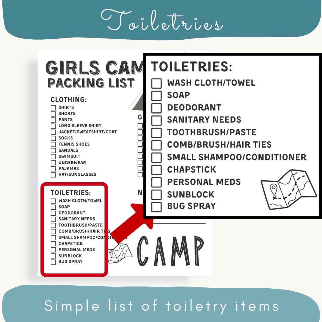 Girls Camp Checklist, Girls Camp Packing List, LDS Girls Camp Printable ...