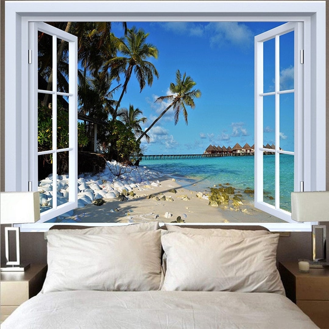 Open Window View Tapestry Tropical Island Wall Tapestry Ocean Beach ...