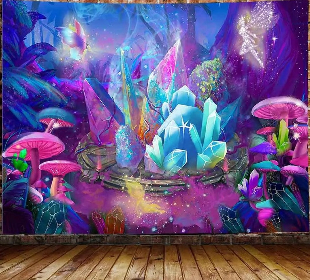 Vibrant Fantasy Crystal Forest Tapestry - Mystical Mushroom Wall ...