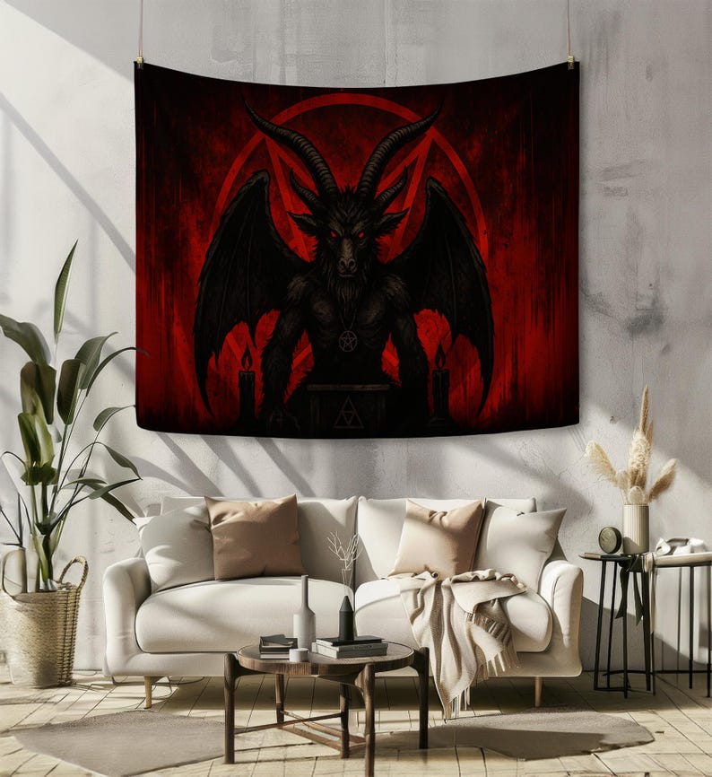 Occult Goat Demon Tapestry in Red and Black – Gothic Baphomet Wall Art ...