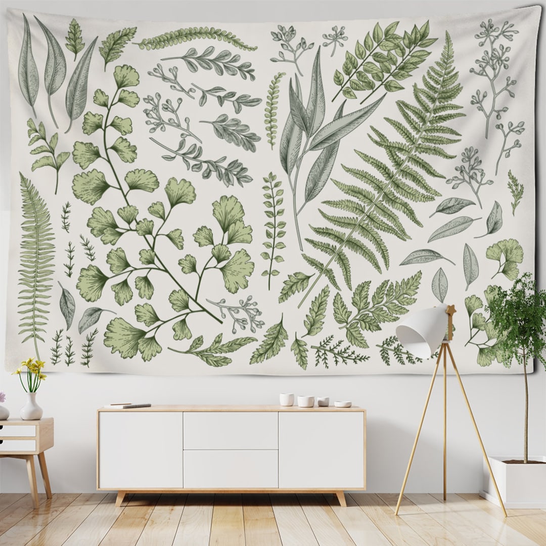 Botanical Tapestry Fern Green Leaves Wall Hanging Plants Herbs ...