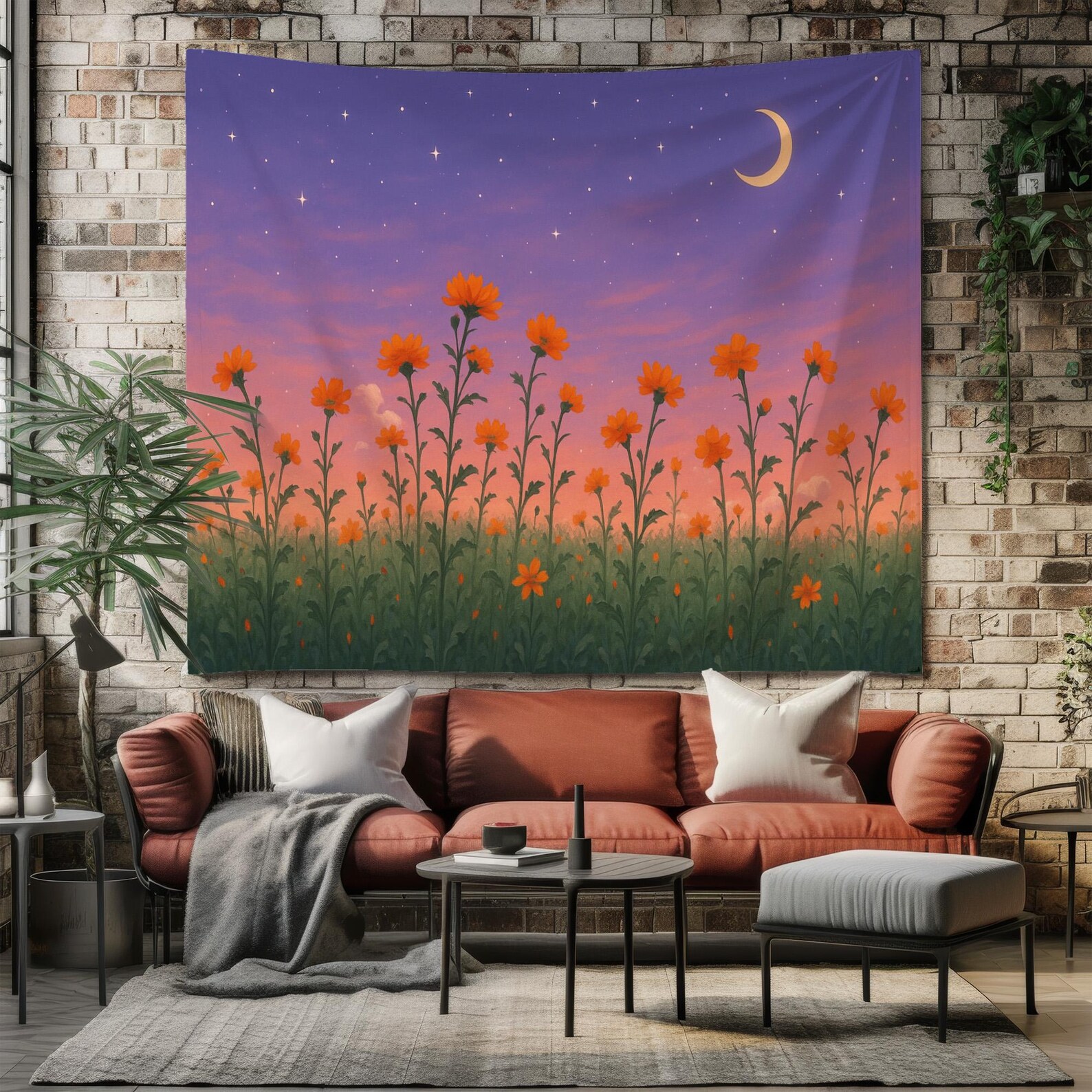 Kawaii Flower Field Wall Tapestry – Purple Sunset Sky With Orange ...