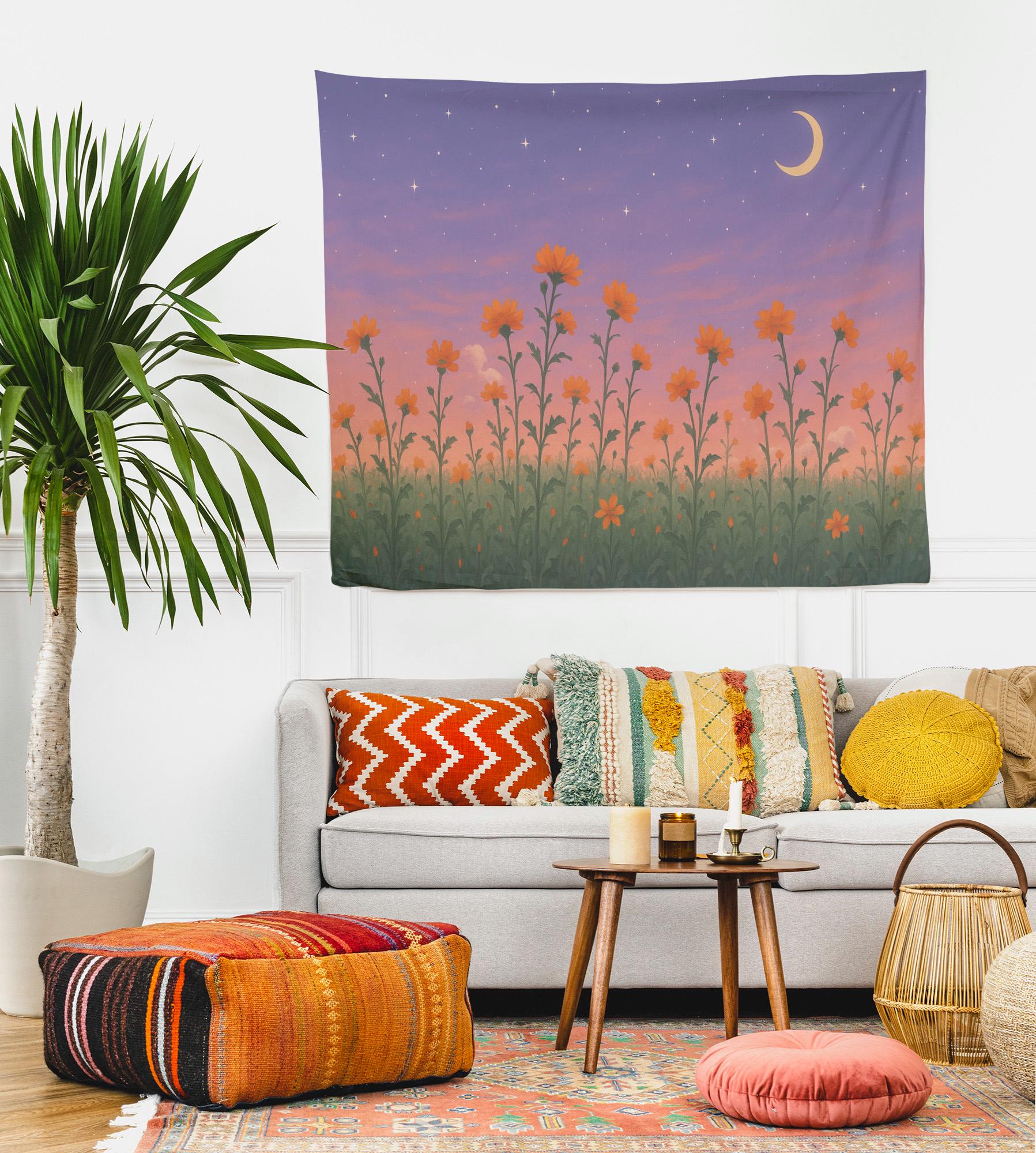 Kawaii Flower Field Wall Tapestry – Purple Sunset Sky With Orange ...