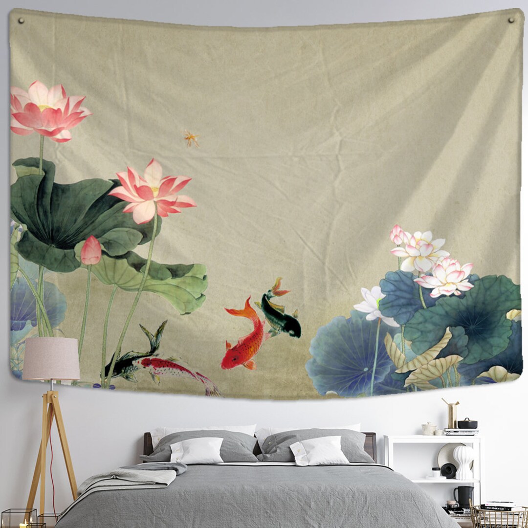 Lotus Flower Tapestry Koi Fish Lotus Zen Wall Hanging Aesthetic Floral ...