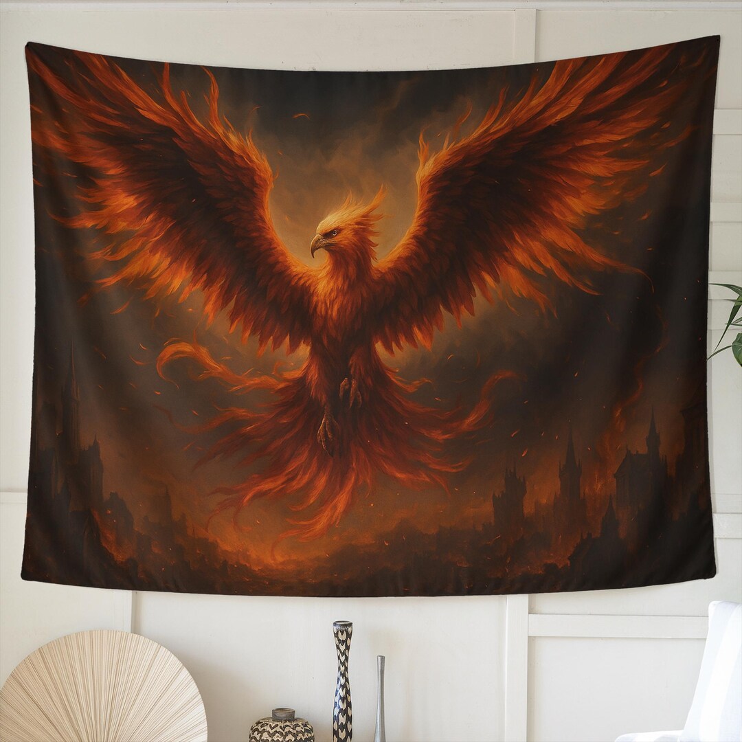 Fiery Phoenix Tapestry Wall Hanging – Mystical Firebird Art, Dramatic ...