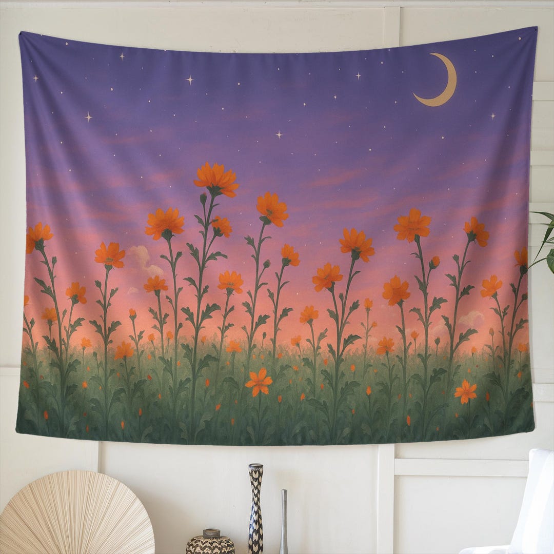 Kawaii Flower Field Wall Tapestry – Purple Sunset Sky With Orange ...