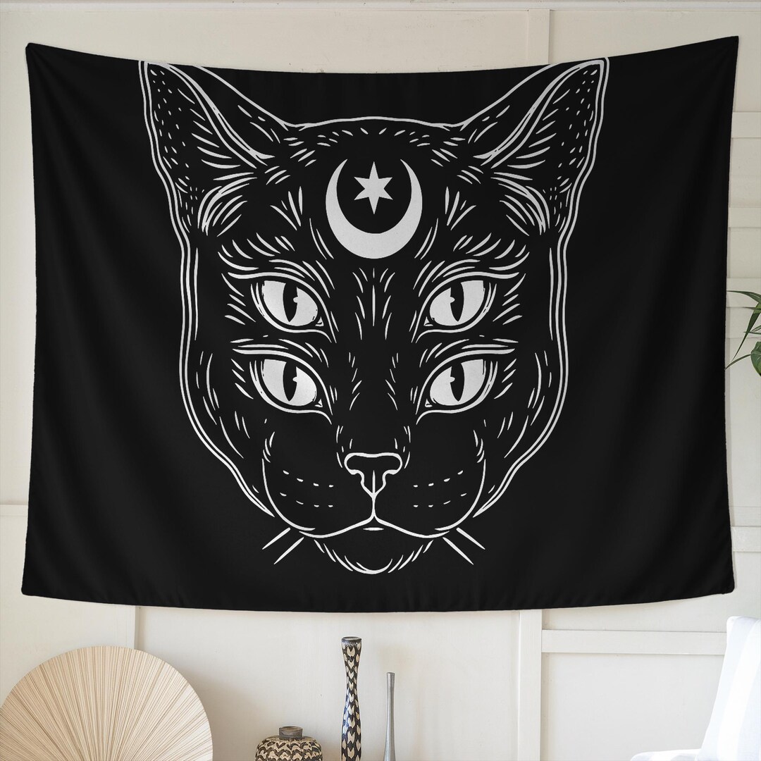 Third Eye Cat Tapestry - Occult Crescent Moon Wall Hanging, Witchcore ...