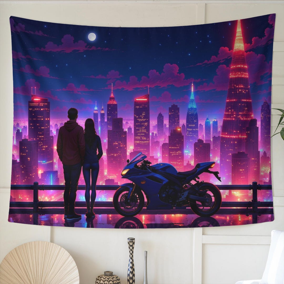 Cyberpunk City Tapestry - Neon Skyline Wall Art With Motorcycle and ...