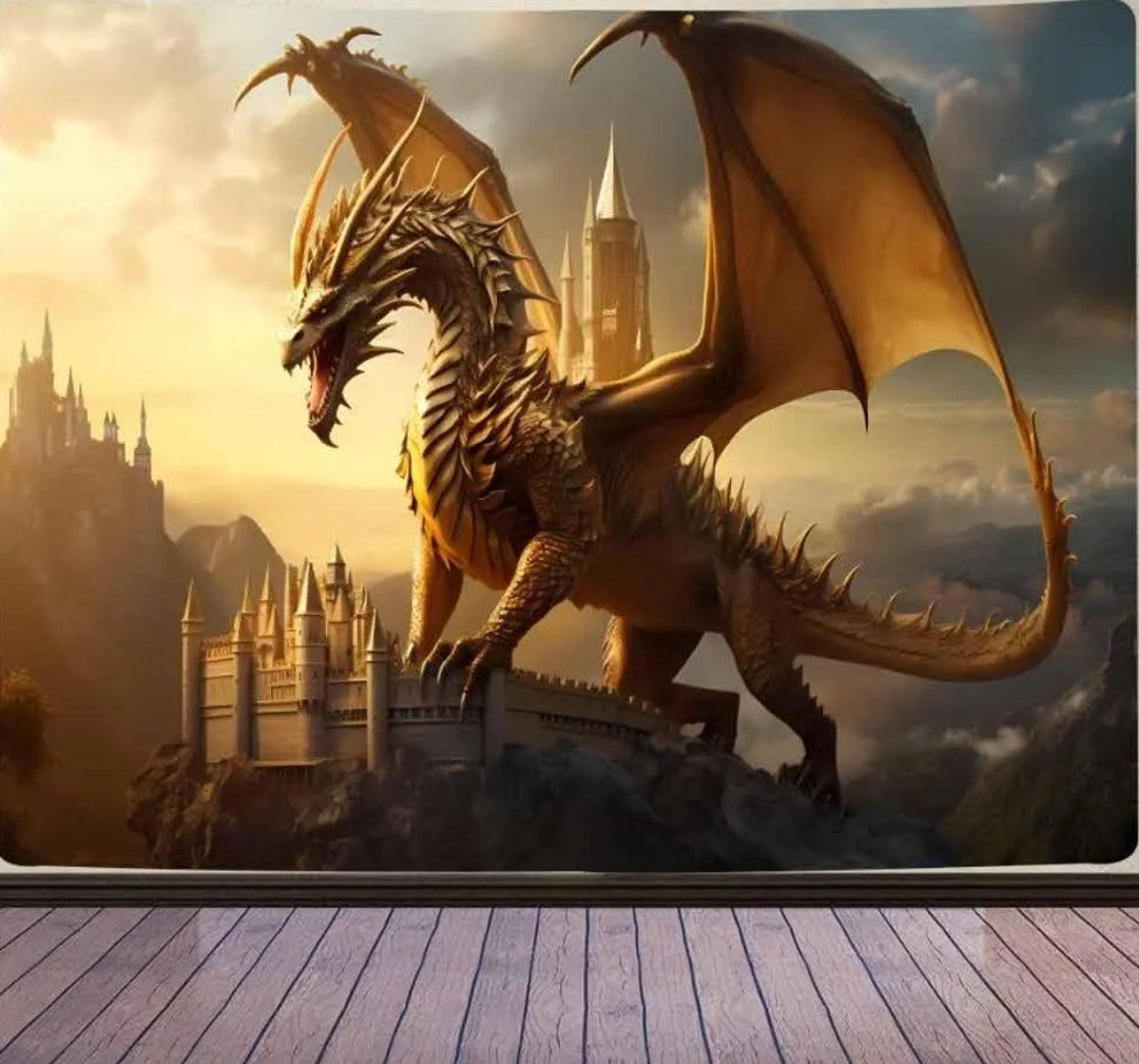 Epic Golden Dragon Castle Tapestry - Fantasy Wall Hanging Art ...