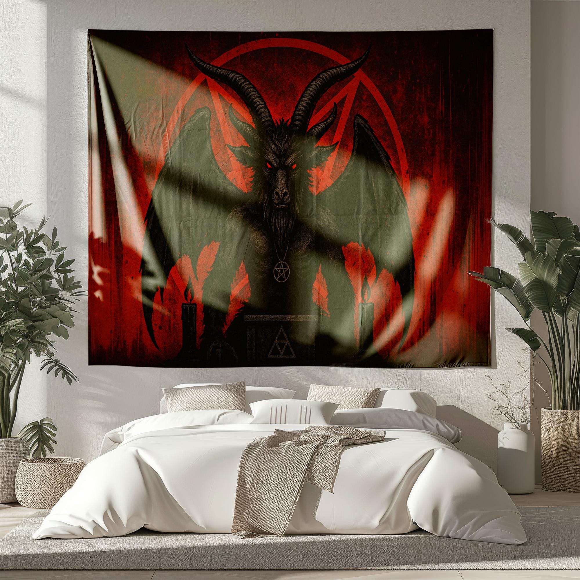Occult Goat Demon Tapestry in Red and Black – Gothic Baphomet Wall Art ...