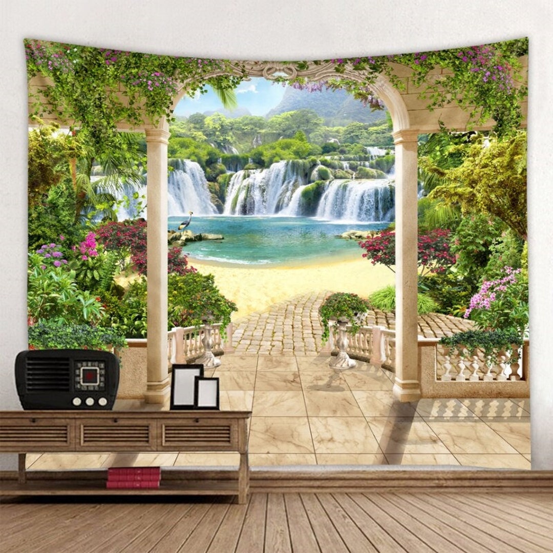 Landscape Outside the Balcony Tapestry Mountains Waterfalls Wall ...