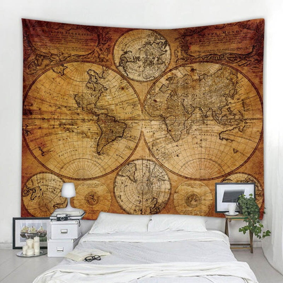 Old World Map Tapestry Antique Map Wall Tapestry Retro Atlas Map of the ...