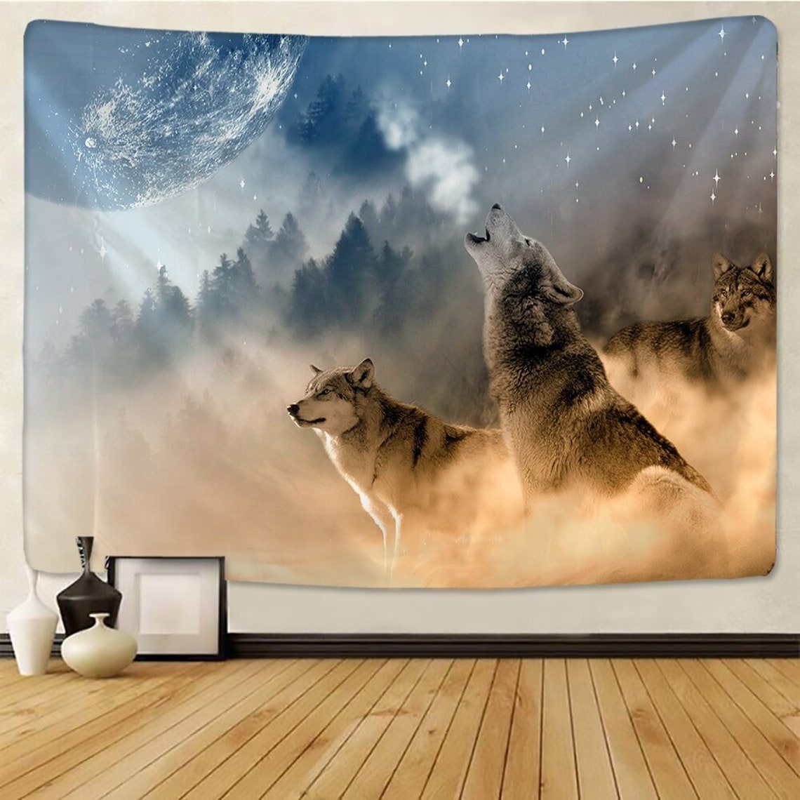 Wolf Tapestry Wall Hanging Wolves Full Moon Forest Tapestries - Etsy