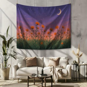 Kawaii Flower Field Wall Tapestry – Purple Sunset Sky With Orange ...