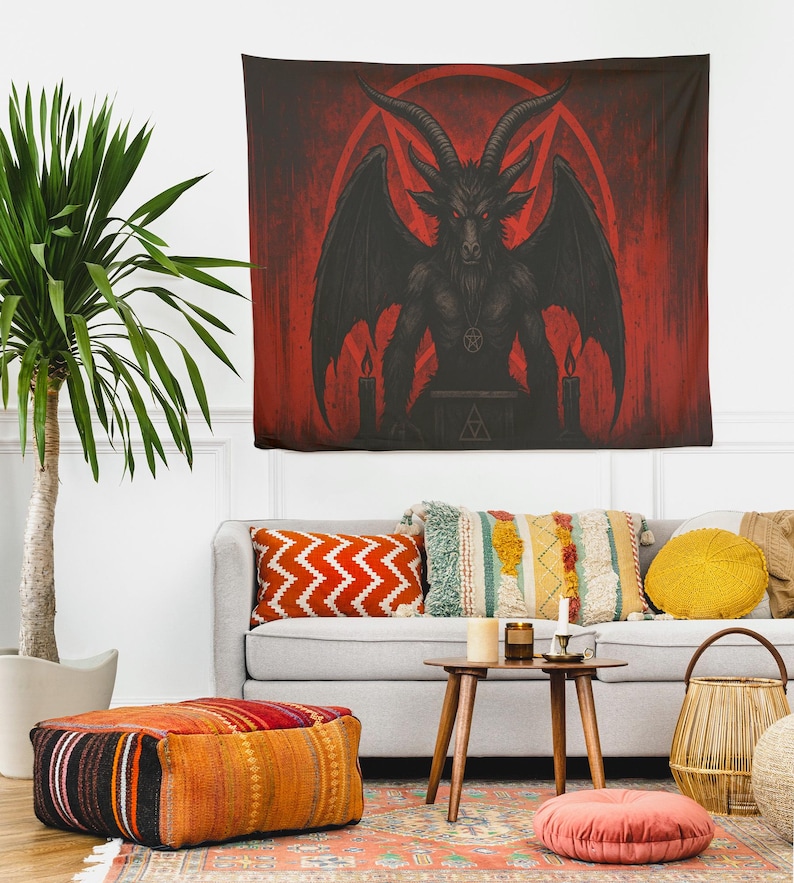 Occult Goat Demon Tapestry in Red and Black – Gothic Baphomet Wall Art ...