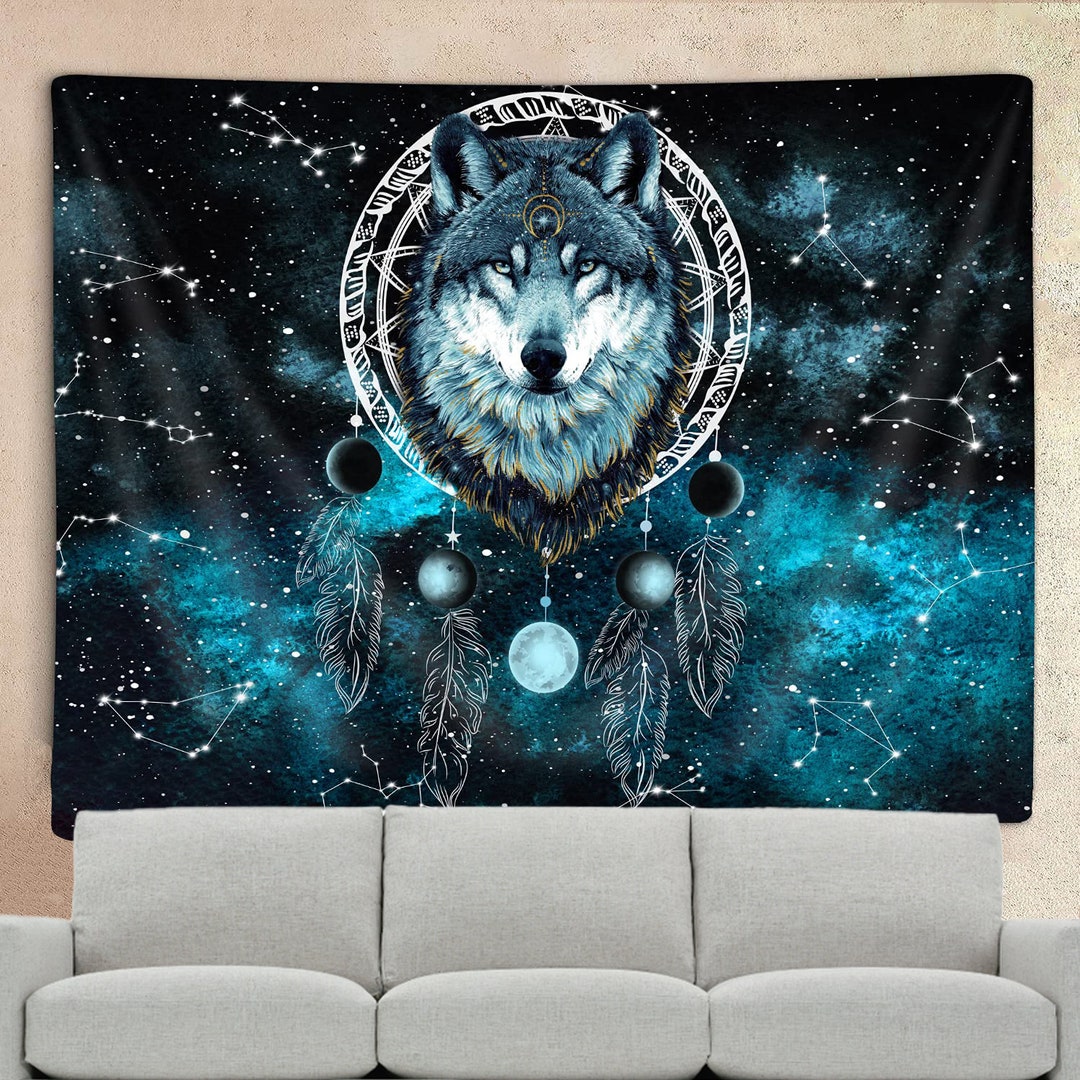 Wolf Wall Tapestry Wolf Dream Catcher Stars Galaxy Wall Hanging ...