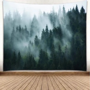 Deep Green Misty Forest Tapestry - Atmospheric Pine Woods Wall Hanging ...