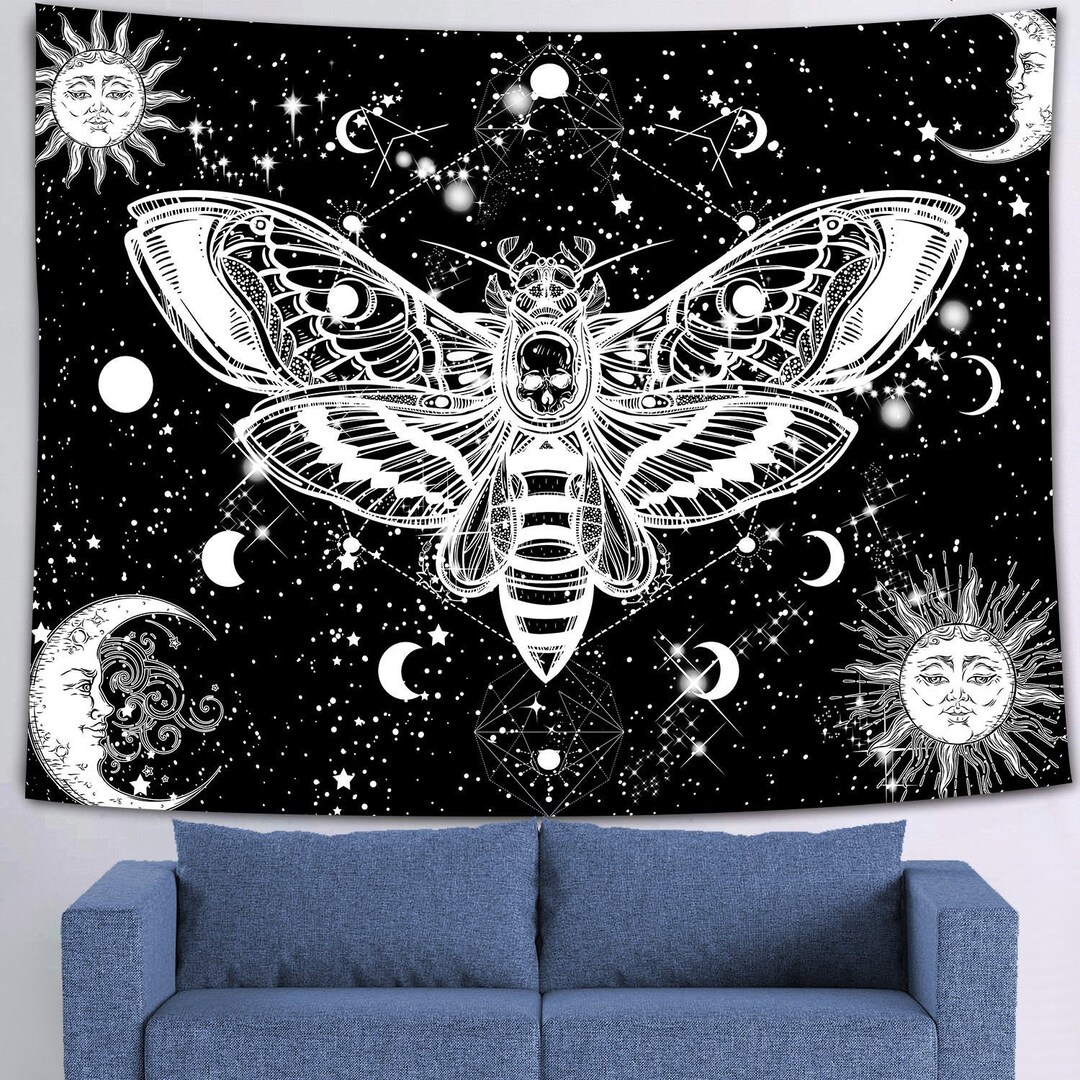 Skull Moth Tapestry Moon Phase Wall Tapestry Sun Moon Celestial Wall ...