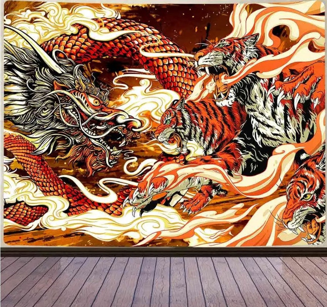 Epic Dragon and Tiger Battle Tapestry | Bold Wall Art for Home Décor ...