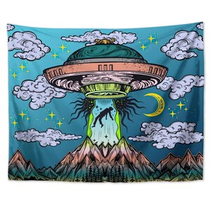 UFO Tapestry Alien Abduction Wall Hanging Decor Art Alien Spaceship ...