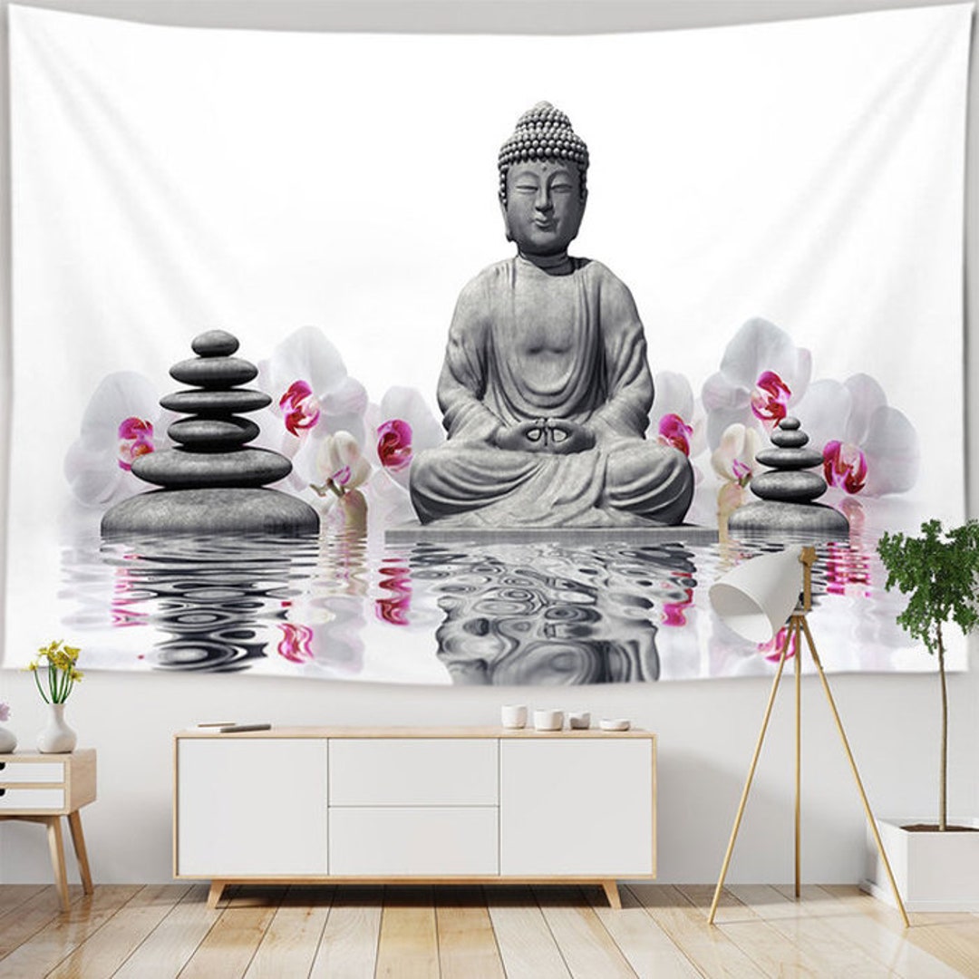Buddha Tapestry Buddha Statue Zen Wall Hanging Spa Water Orchid Flower ...