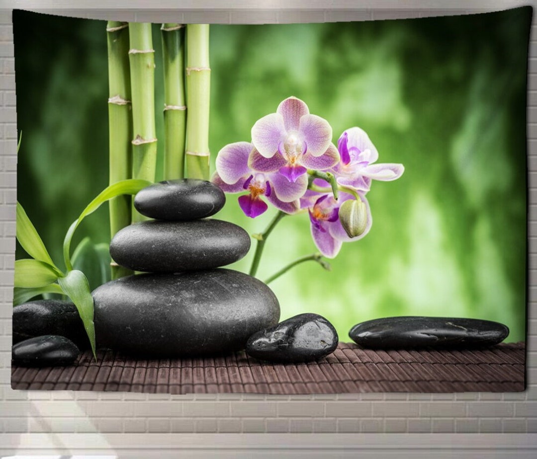 Zen Tapestry Zen Garden Wall Hanging Spa Green Bamboo Black Stone ...