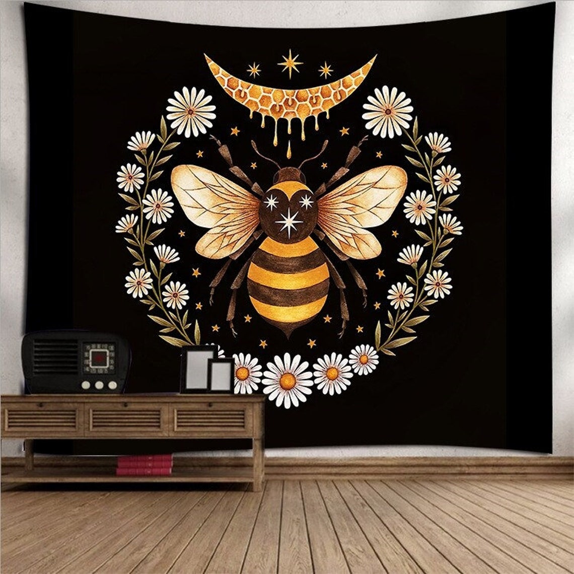 Bee Tapestry Honey Moon Daisy Flowers Tapestry Wall Hanging Art ...