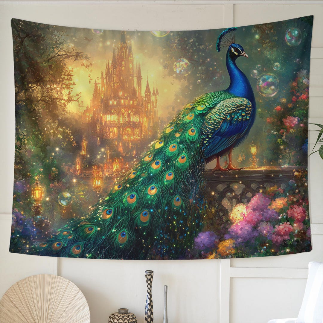 Majestic Peacock Castle Tapestry - Fantasy Palace Wall Hanging, Glowing ...