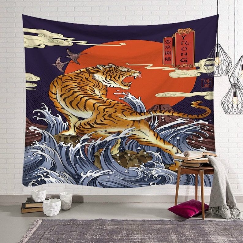 Japanese Art Tapestry Asian Tiger Wall Tapestry Great Wave | Etsy