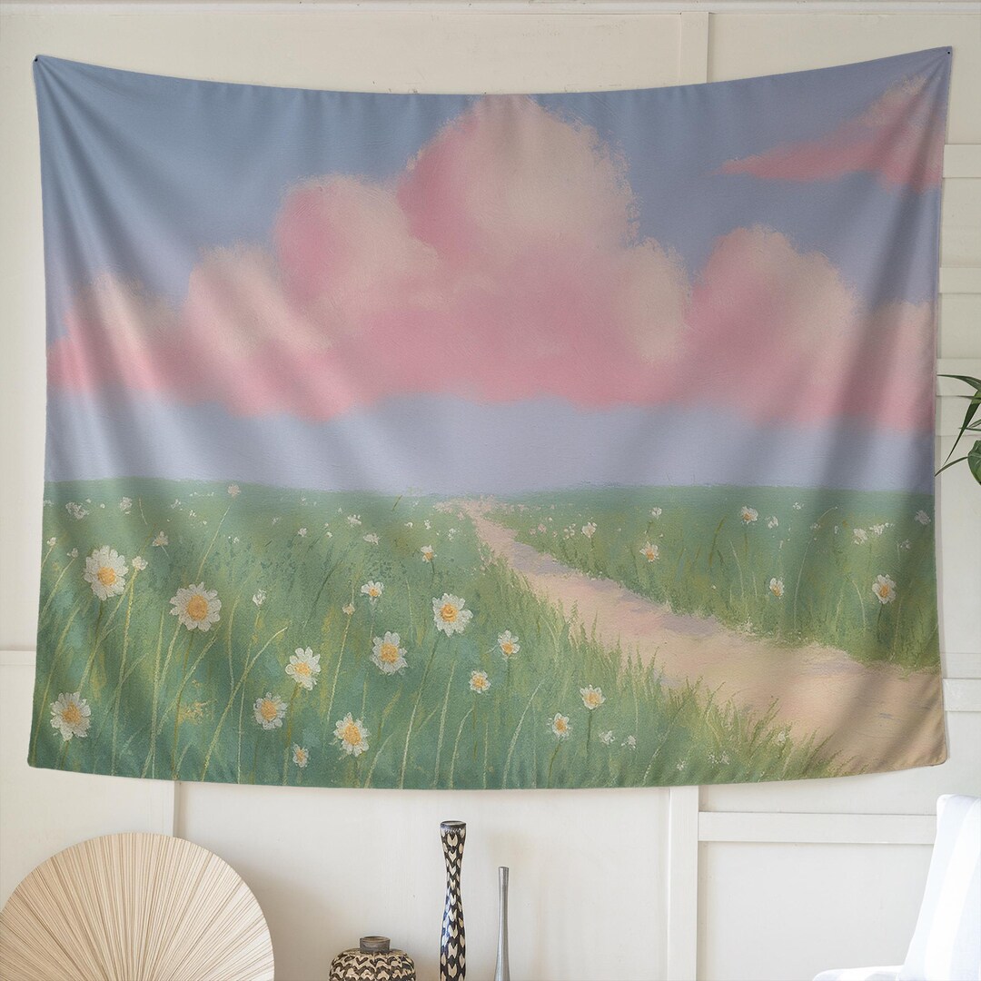 Pastel Daisy Field Wall Kawaii Tapestry With Pink Clouds | Soft ...